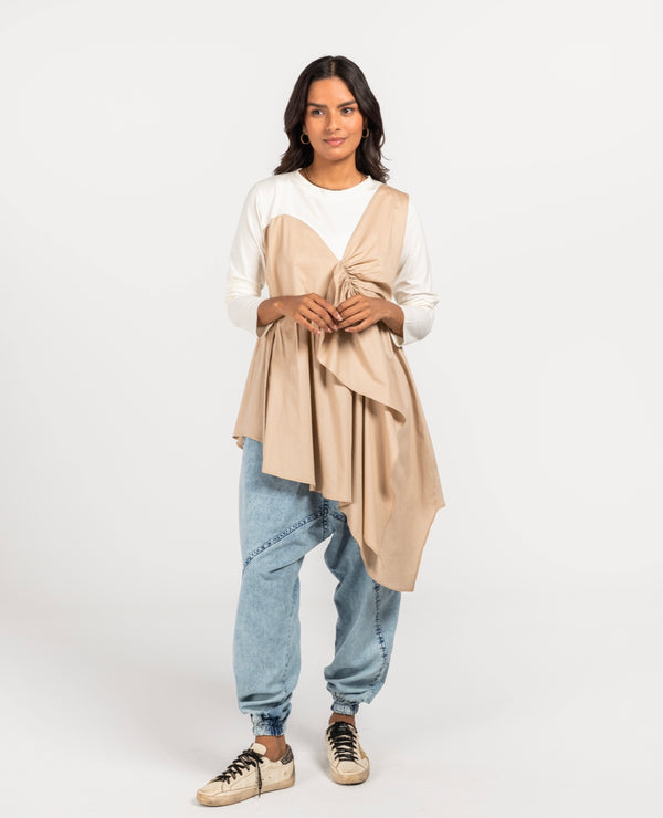 Offwhite Cotton x Beige Poplin Layered Top - Theyab